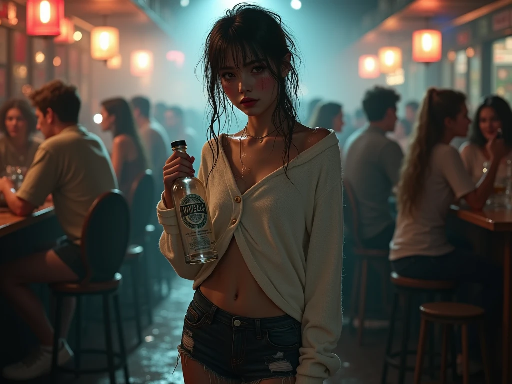 European girl wearing wet black tights and wet jeans shorts and a white sweater - SeaArt AI