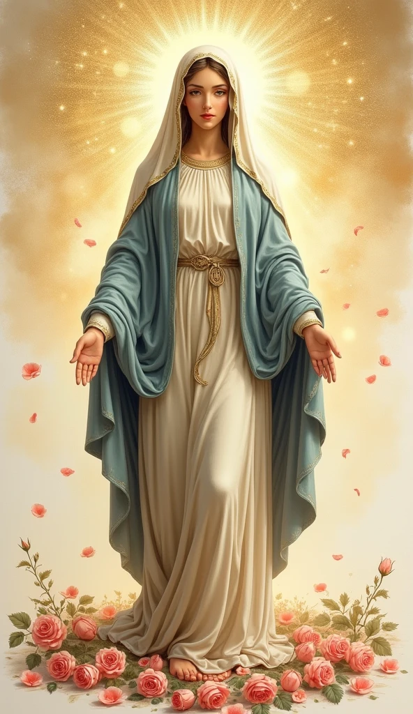 Ink painting。 Beautiful Virgin Mary。whole body。 bluish beige coat ...
