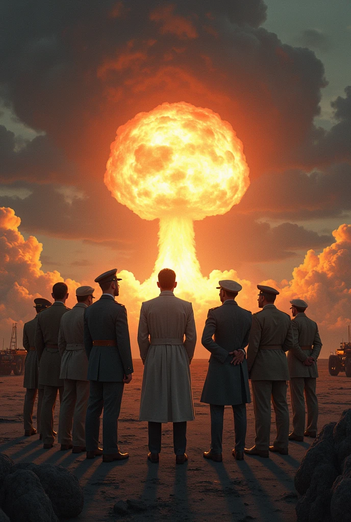 "A historical depiction of scientists and military leaders observing ...