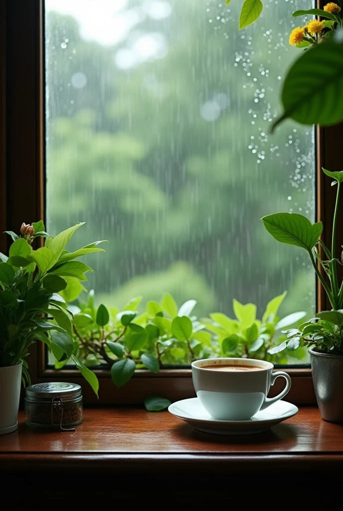The greenery stands out vividly, a pleasant rain, the sound of softly ...