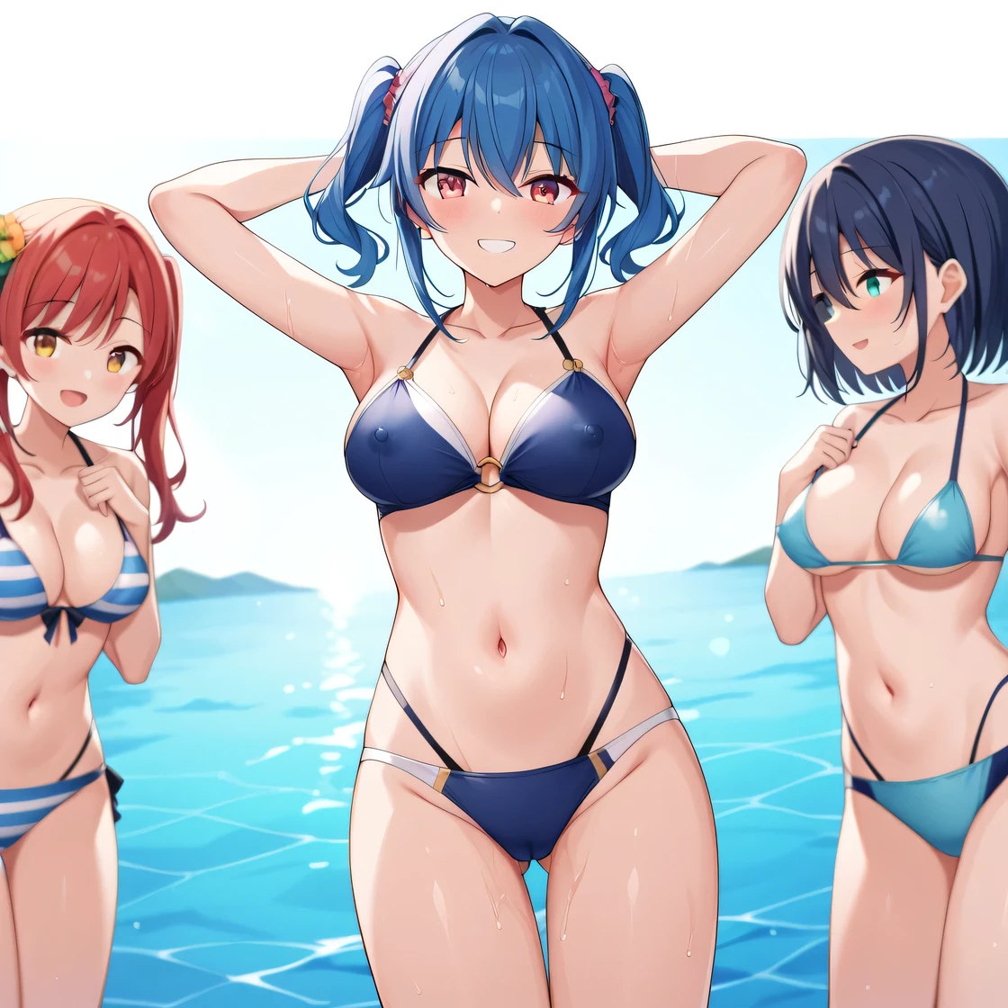 Three women in bikinis standing in the water with their hands on their hipss - SeaArt AI