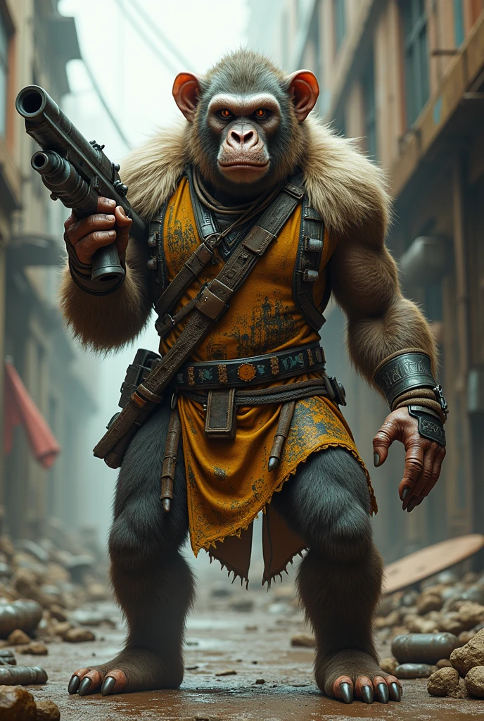Create a humanoid luten ape dressed up and holding a short-barreled ...