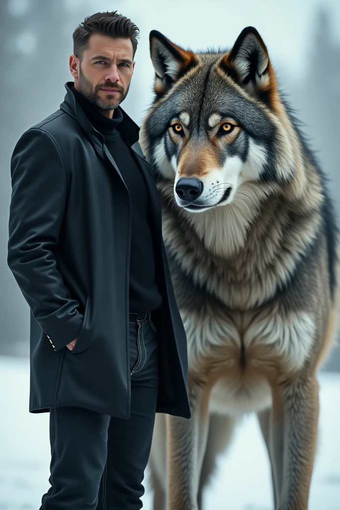 A man in a black jacket and black jeans walks next to a giant wolf and ...