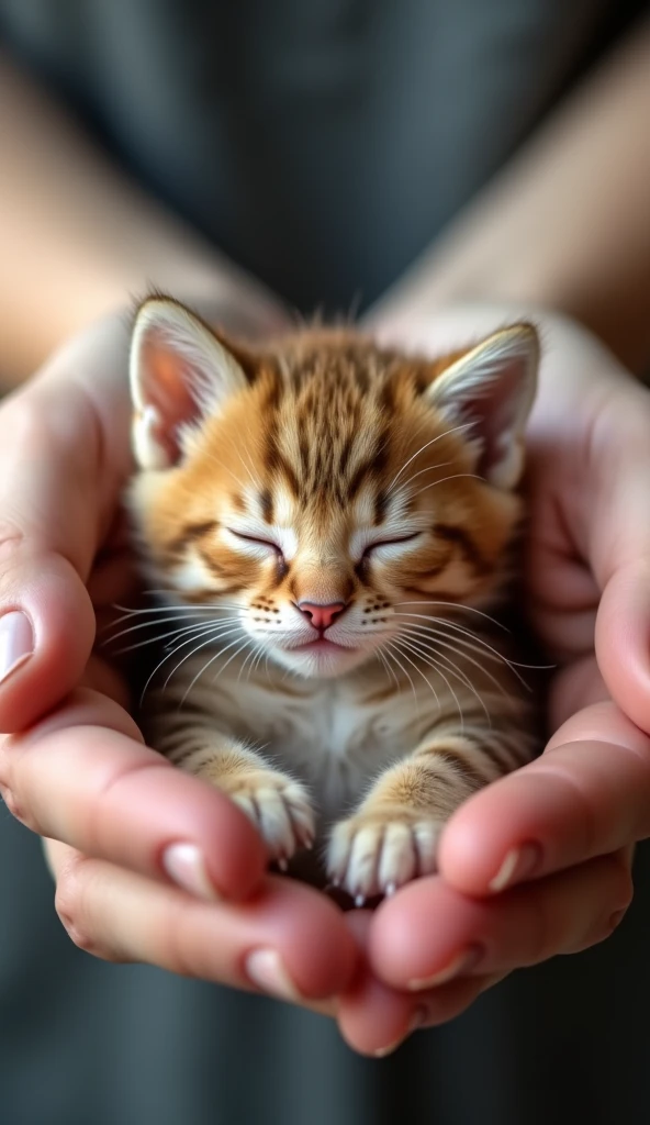 Cute little kitten on the palm of both human hands. Close-up showing ...