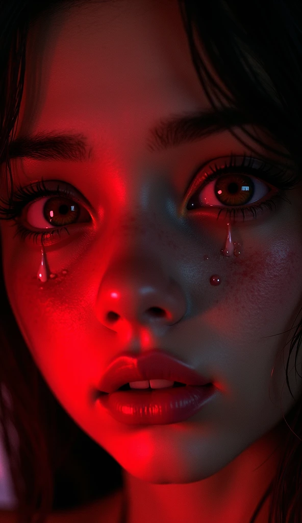A close-up of Letícia’s face, illuminated by a crimson light - SeaArt AI