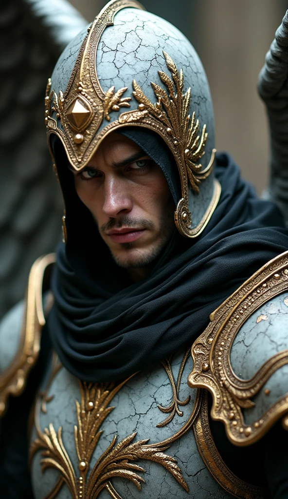Angel man in battle armor and black hood covered with gold ornament and ...