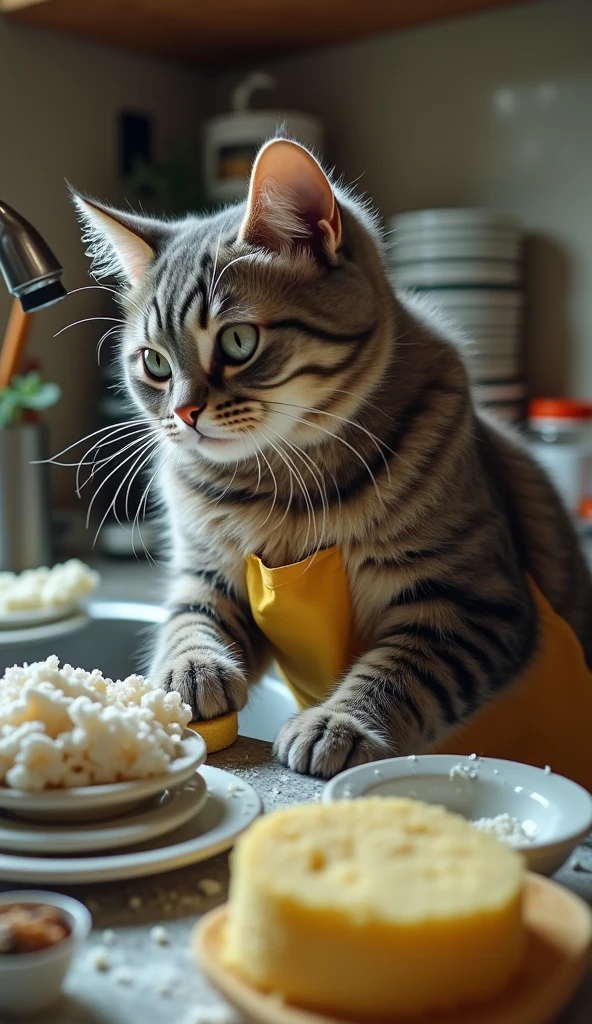 A British Shorthair cat vigorously scrubbing dishes with a sponge at a ...