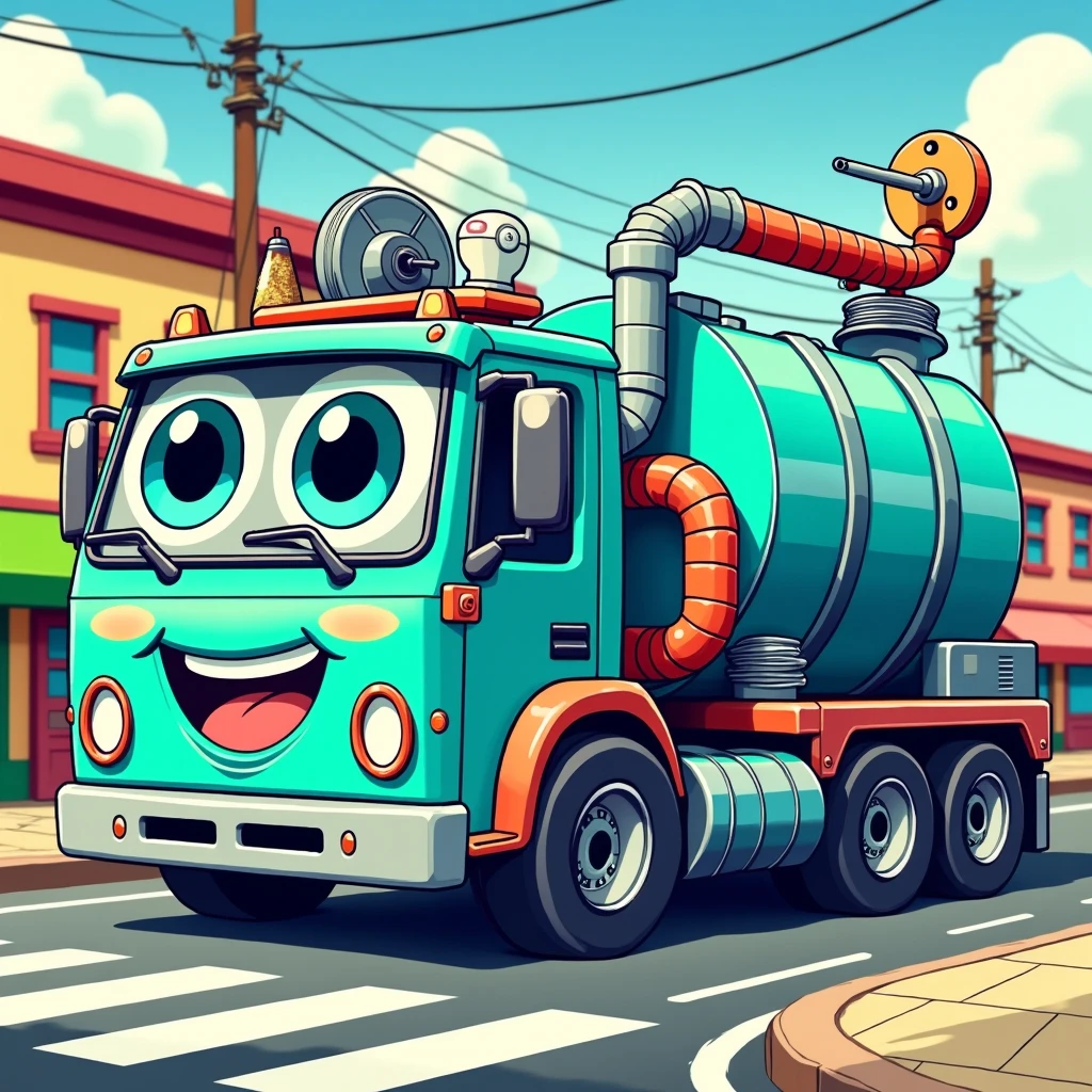 " Create a Pixar-style illustration of a Vactor sewer cleaning truck ...