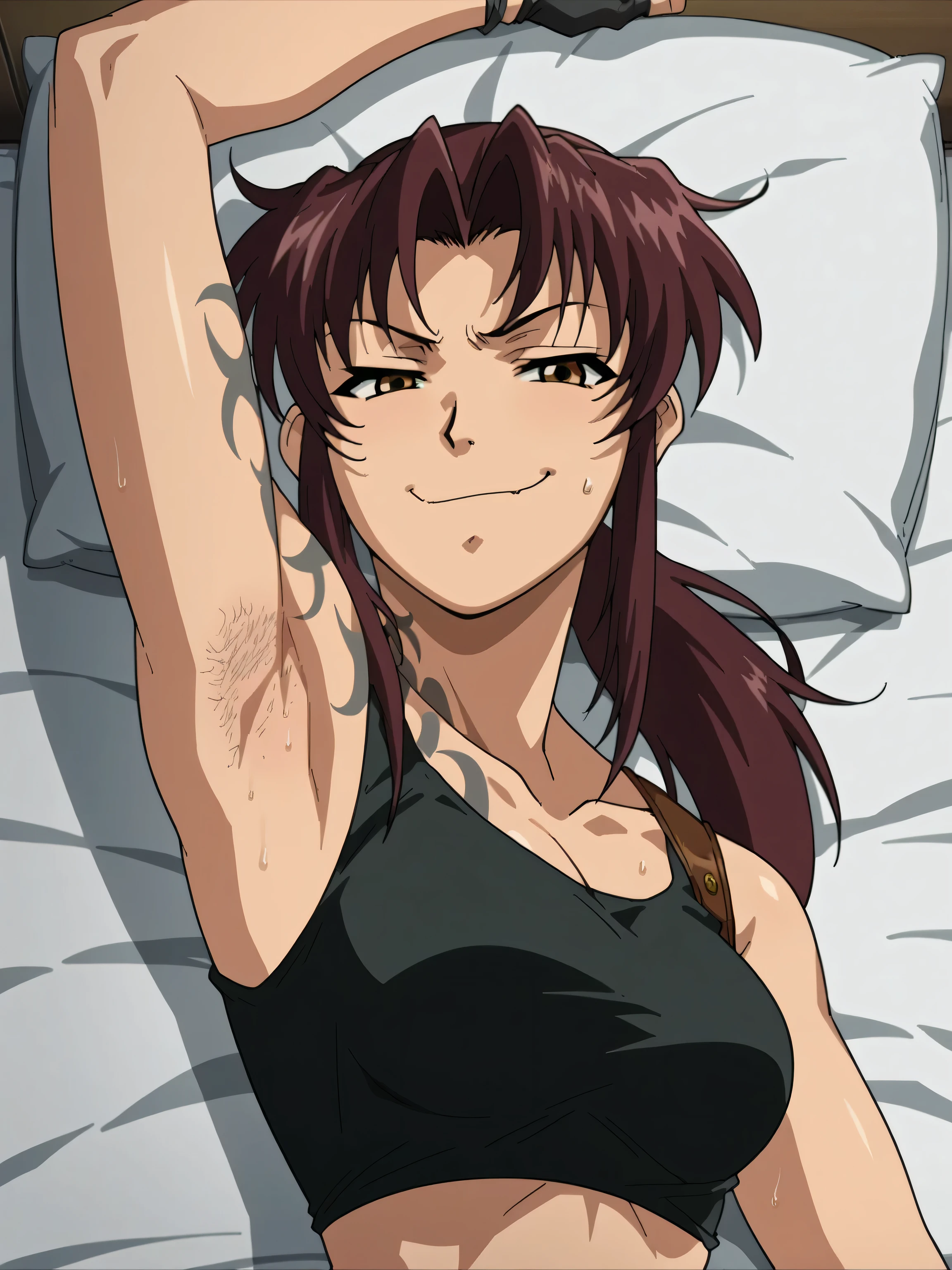 Anime girl laying in bed with her arms behind her head（revy (black ...