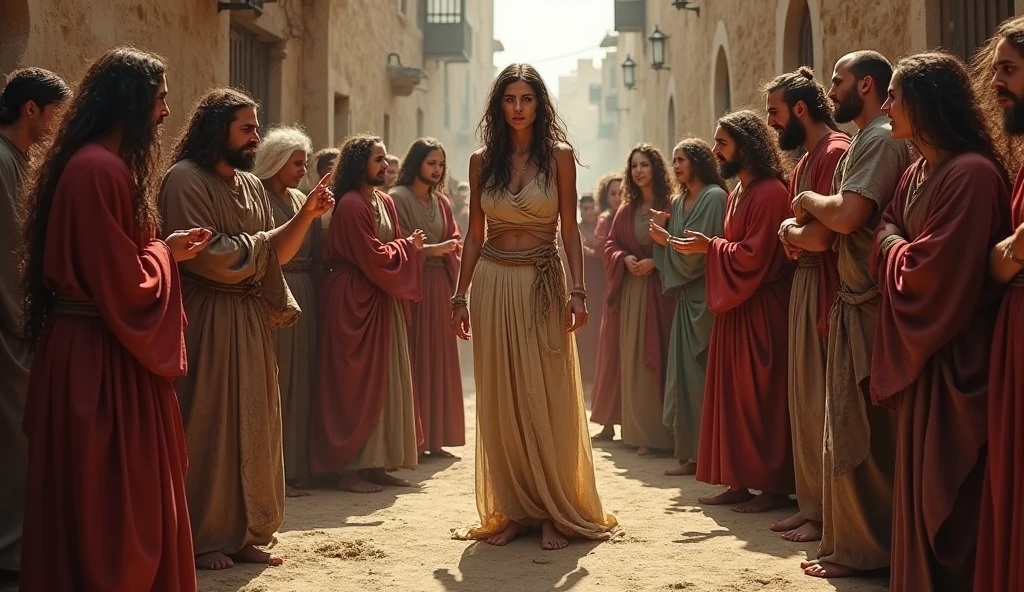 A frail, trembling woman stands at the center of a chaotic crowd in a ...