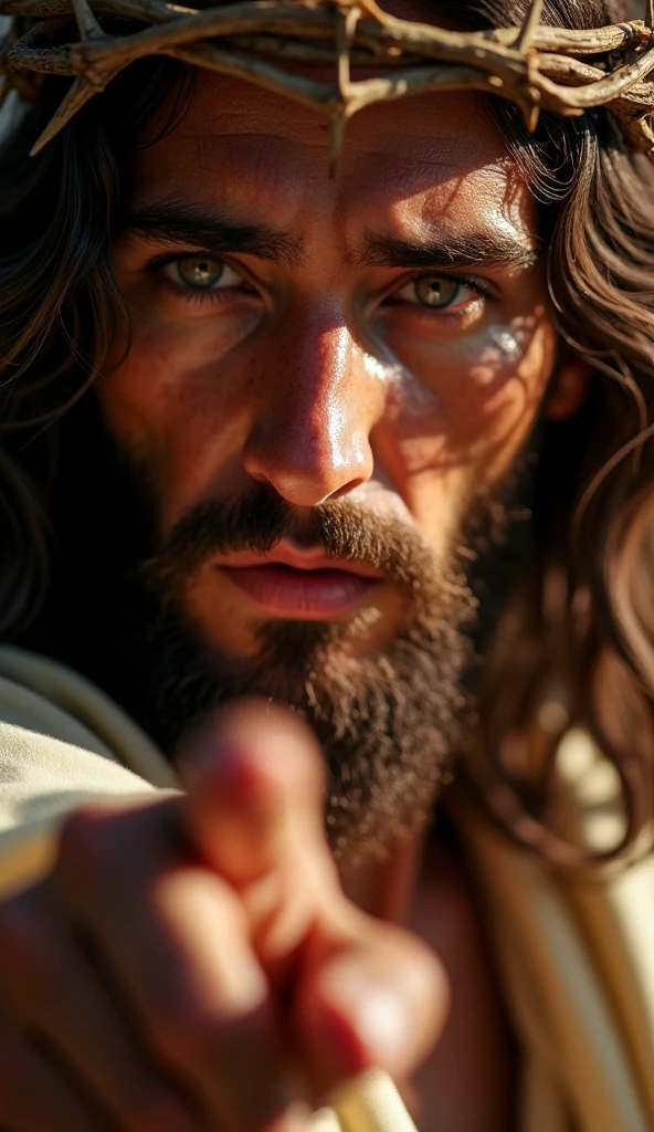"Create an ultra-realistic close-up image of the face of Jesus Christ ...