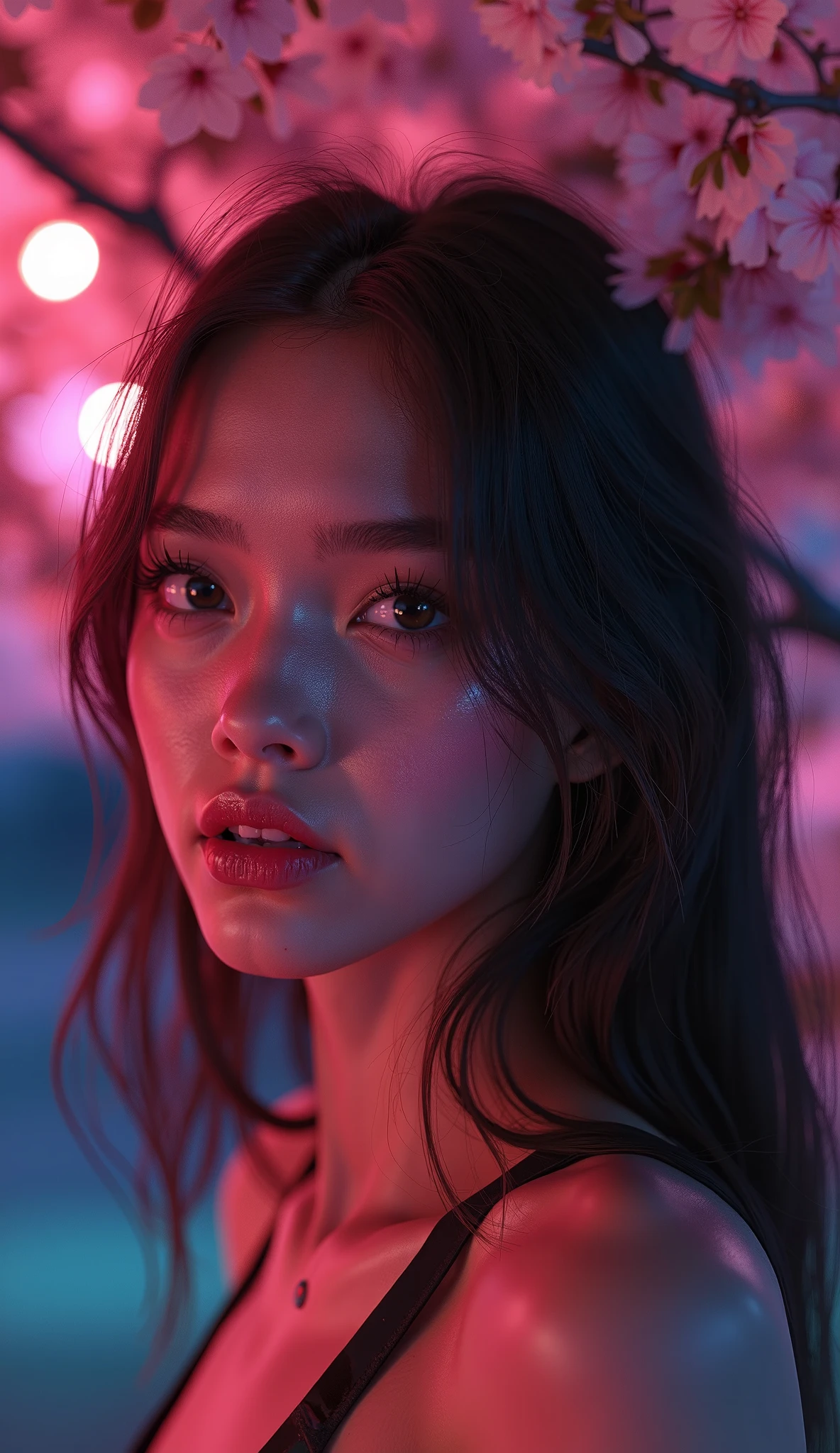 Arafed woman with long hair and a black top under a tree - SeaArt AI