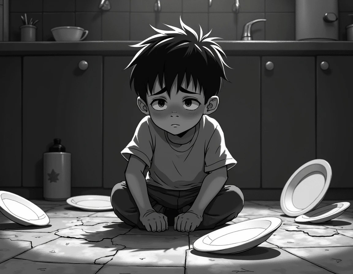A sad boy looking at the floor with a dull look (In the background a ...