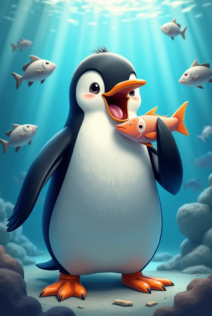 A penguin eating fish - SeaArt AI