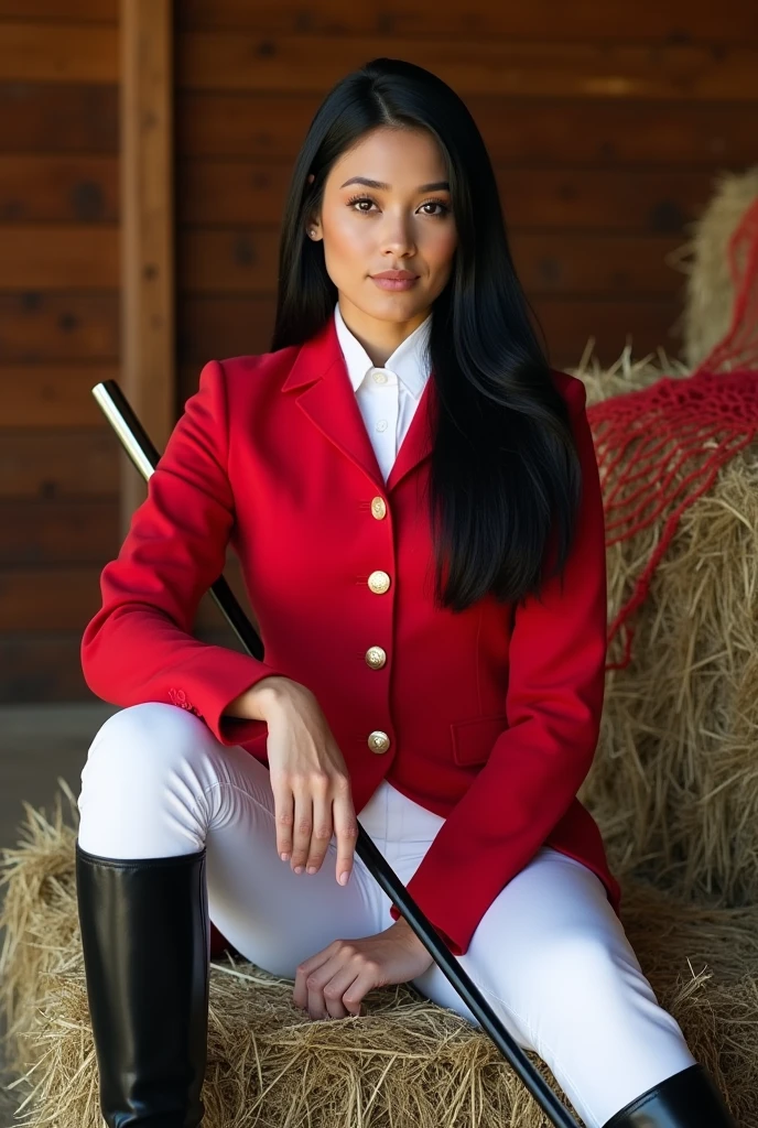 Wearing a red riding jacket with gold buttons, white riding pants ...