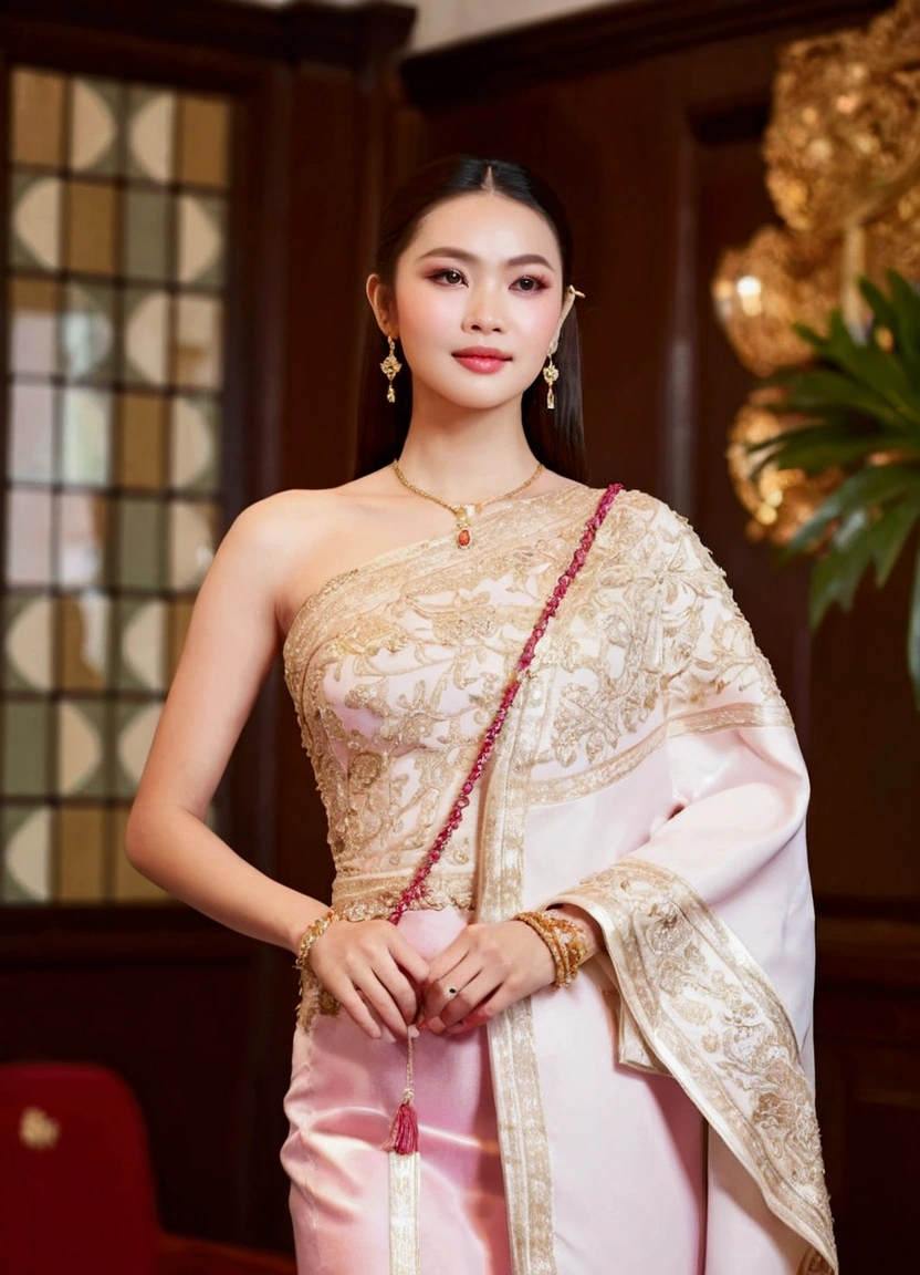 หญิงสาวชาวเอเชียRound face, In a yellow-gold dress, , reddish - SeaArt AI