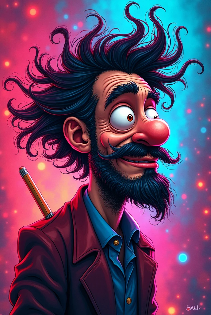 A foolish and crazy neon comic philosopher with a pencil sticking out of his ear - SeaArt AI