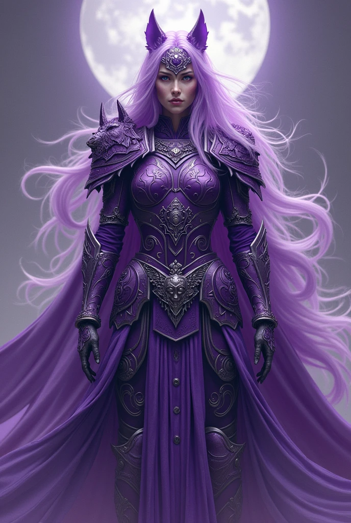 Purple armor with symbols of wolf and wind and time and woman - SeaArt AI