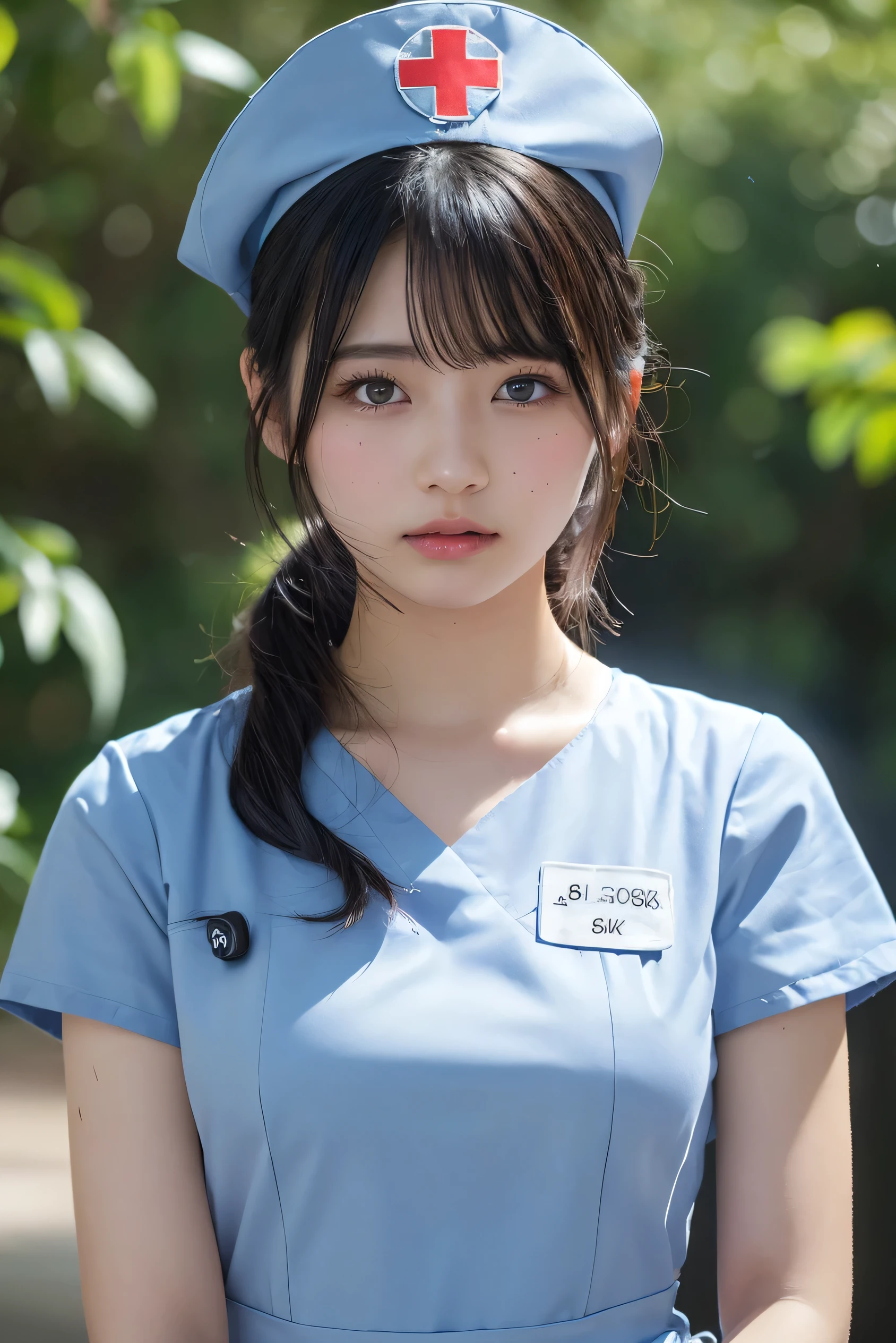 Arafed woman in a blue nurse uniform posing for a picture - SeaArt AI