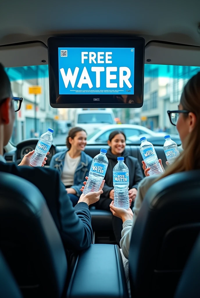 Packed bottled water ads in taxi(Name : Ouh free water) - SeaArt AI