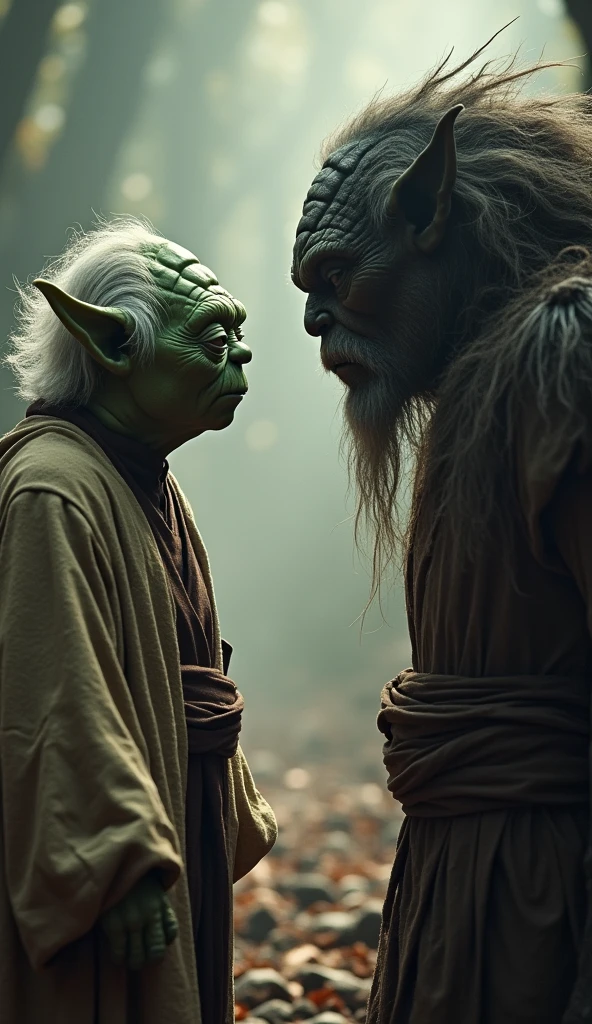 Yoda and The Thing , two figures facing each other, intense eye contact ...