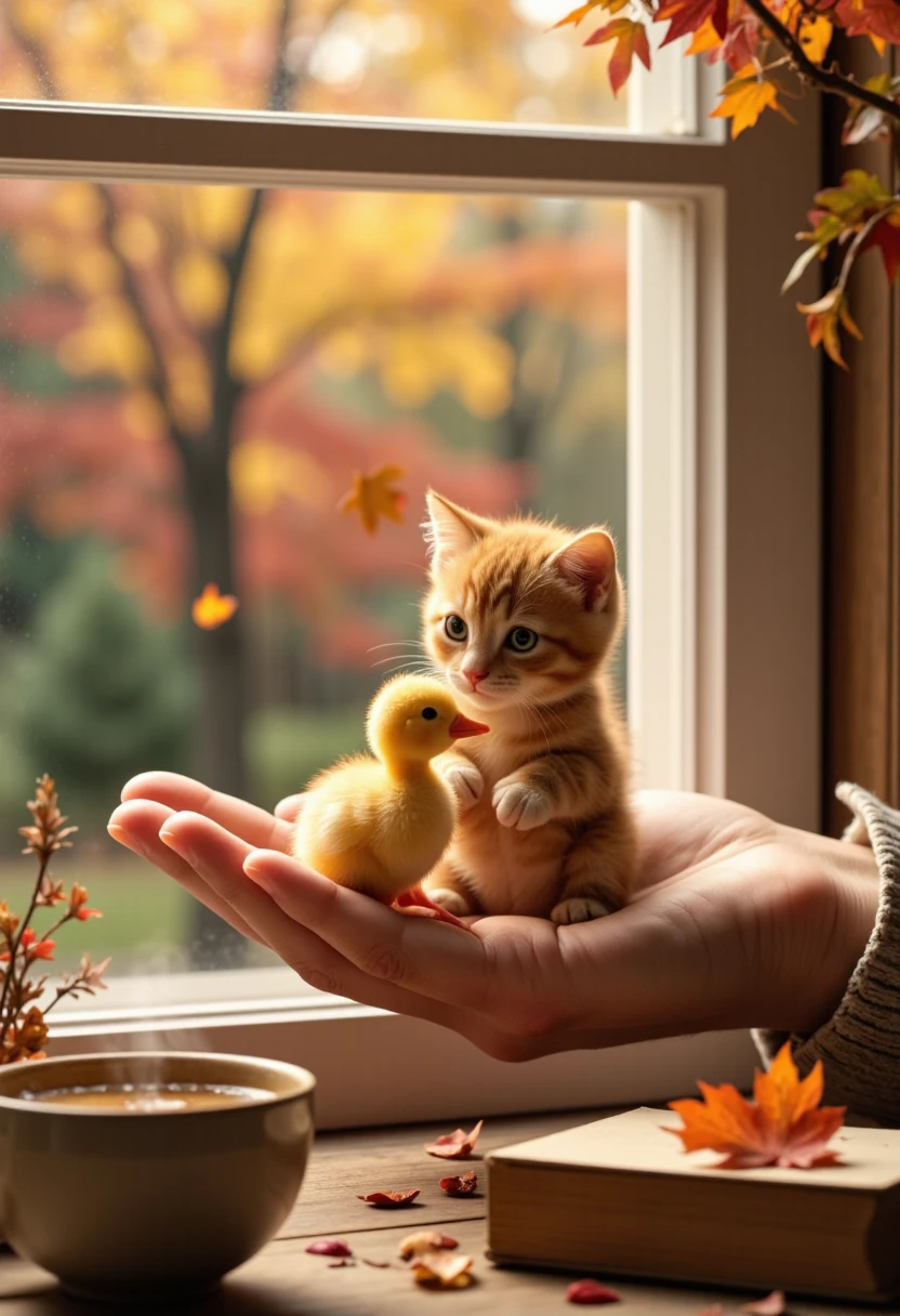 "A magical scene featuring a tiny orange tabby cat with white paws and ...