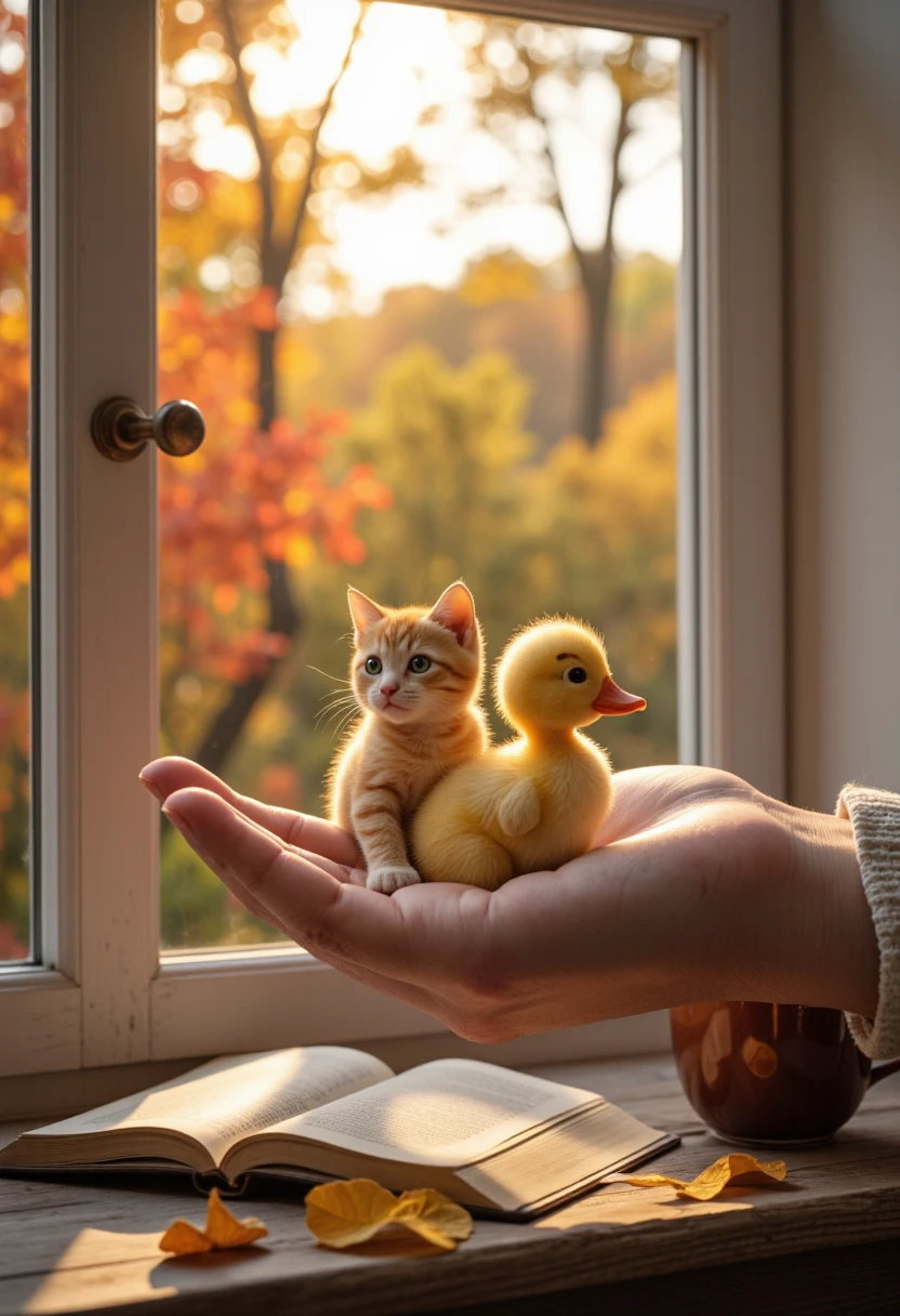 "A magical scene featuring a tiny orange tabby cat with white paws and ...