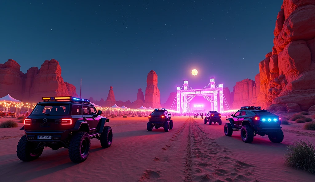 Scenario of a desert rave party being built with sound equipment and so ...