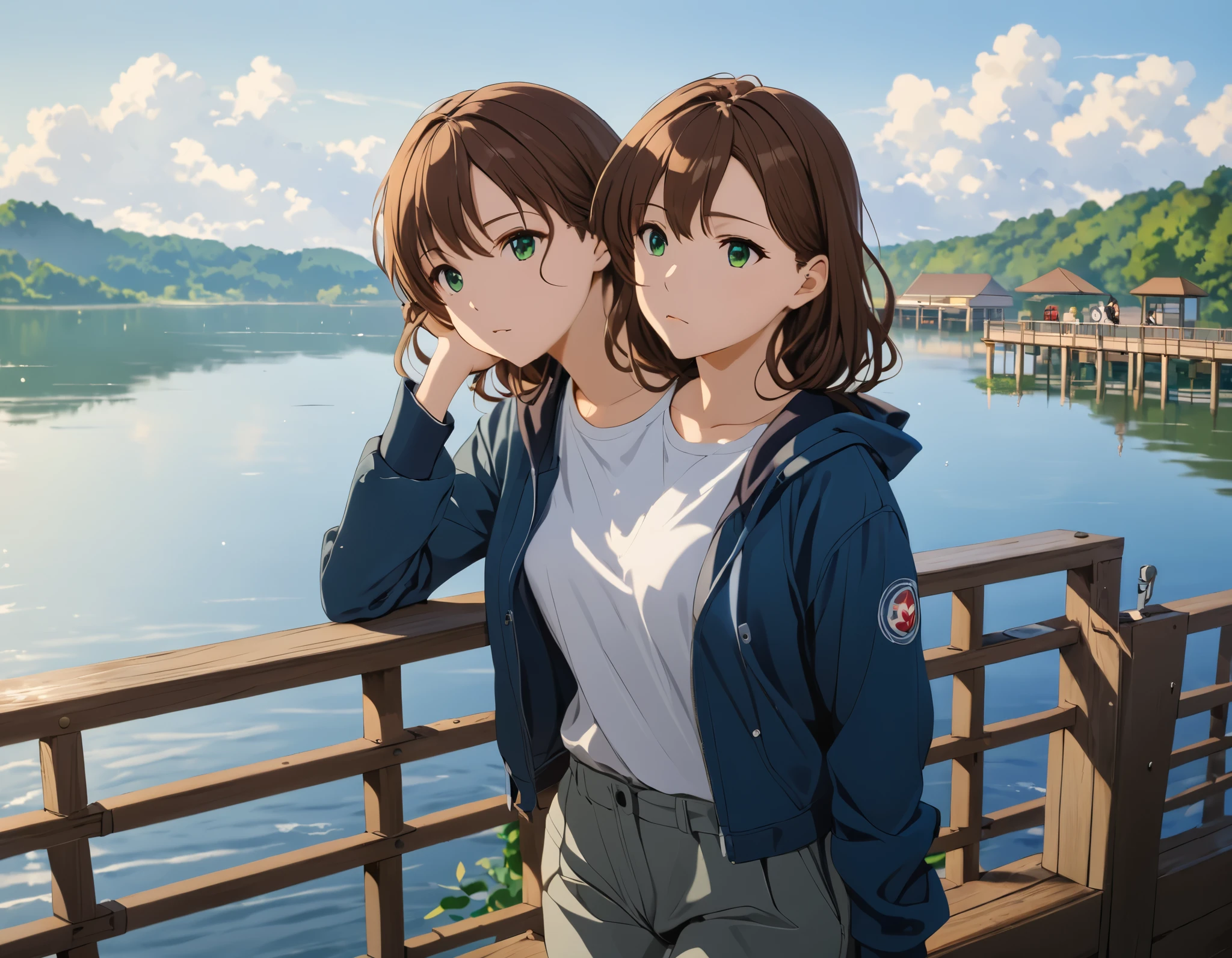 Anime characters standing on a bridge overlooking a lake - SeaArt AI