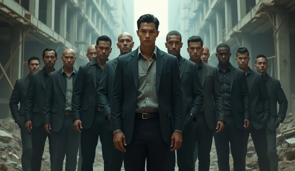A handsome asian guy, standing behind is a gang of asian gangsters ...