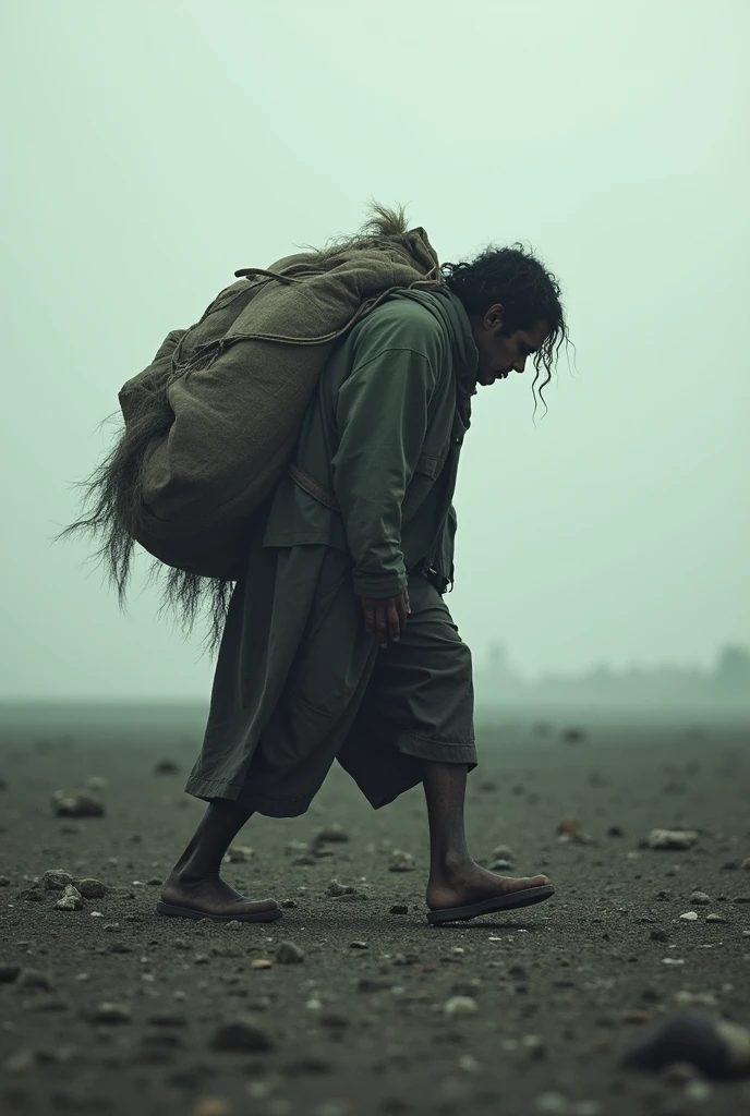 A hunched figure , as if carrying an invisible load , walking across a ...
