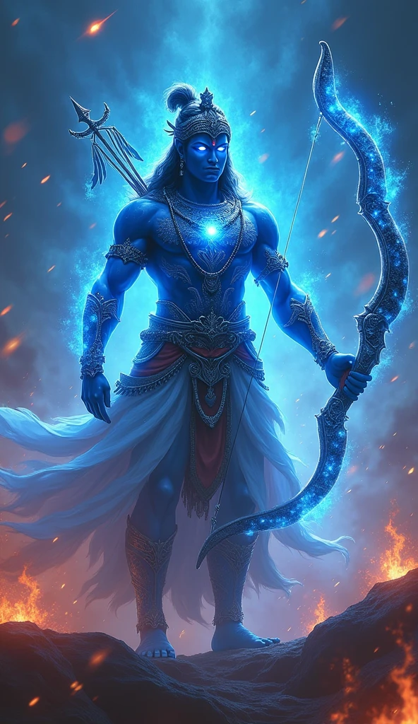 Lord Ram in blue skin,pointing bow and arrow and arrow is made of dark ...