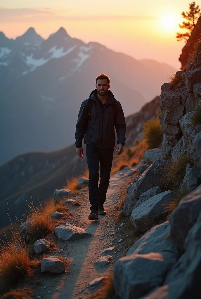 "A man walks along a steep, rocky trail at dusk, his feet carefully ...