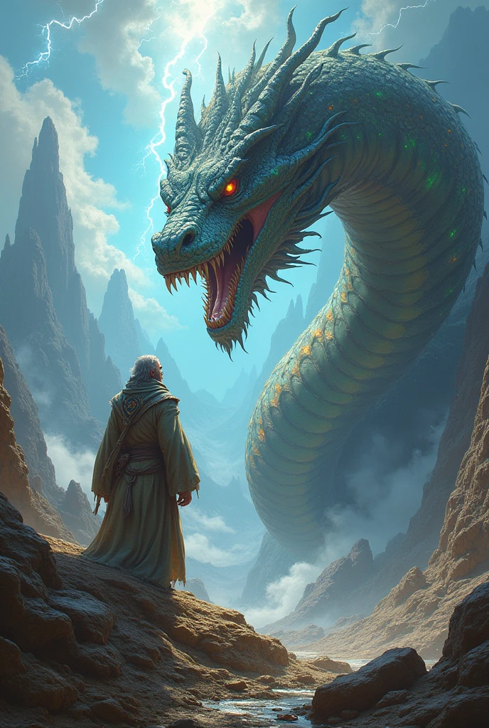 A wizard faces a giant serpent - SeaArt AI