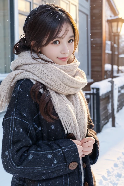 Snow Scene、 One Woman 、Warm coat 、 sweater、 scarf wrapped、It - SeaArt AI