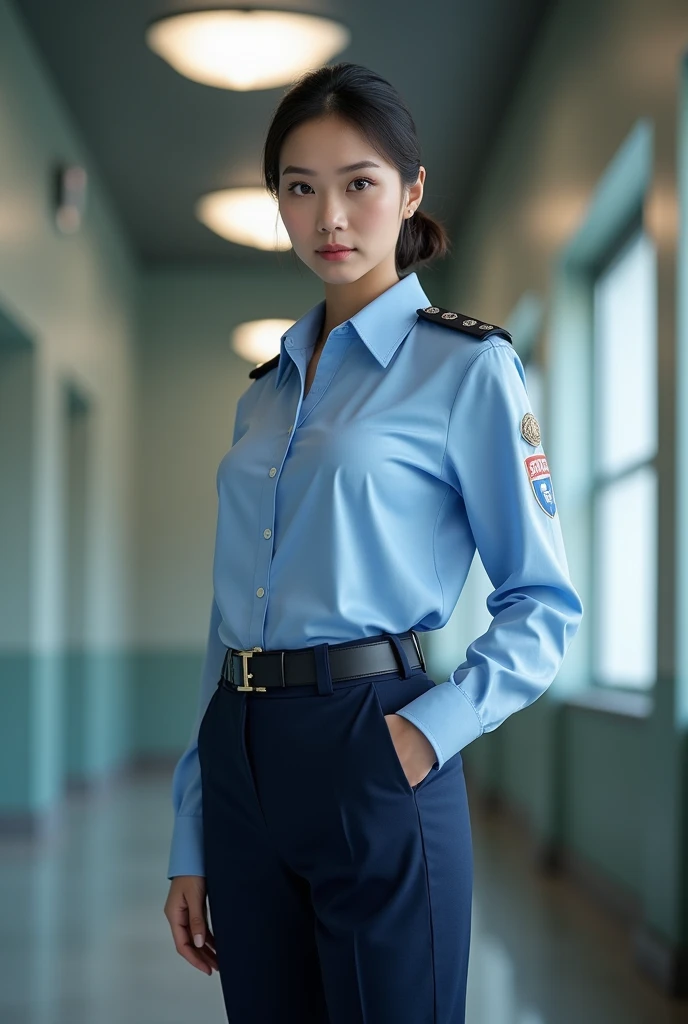A Chinese Police Woman with Low Bun Hair Beautiful Face Light Blue ...