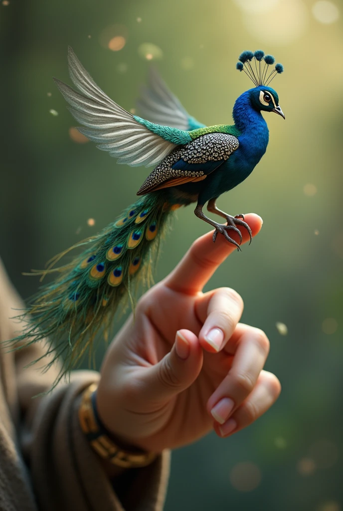 "A small peacock hanging onto a man's finger with its tiny hands ...