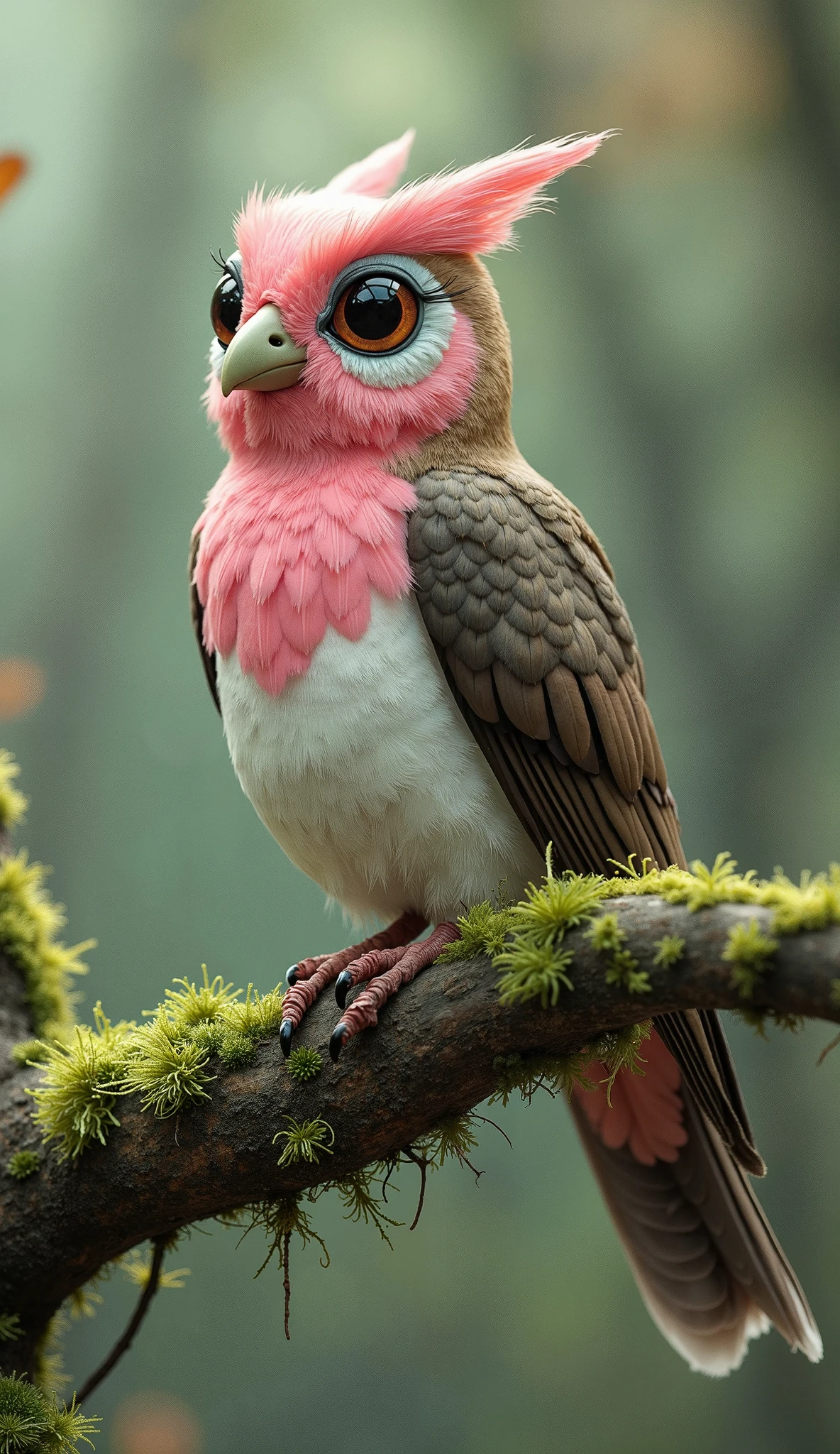 There is a pink and white bird sitting on a branch - SeaArt AI