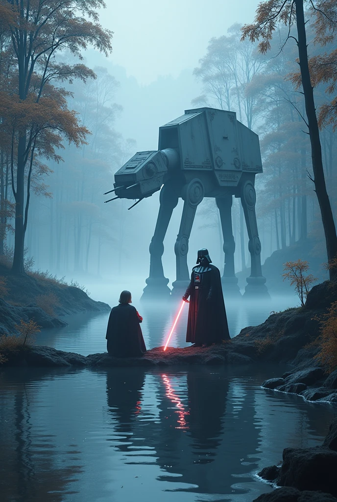 A serene lake in a futuristic fantasy setting,depicting Darth Vader and ...