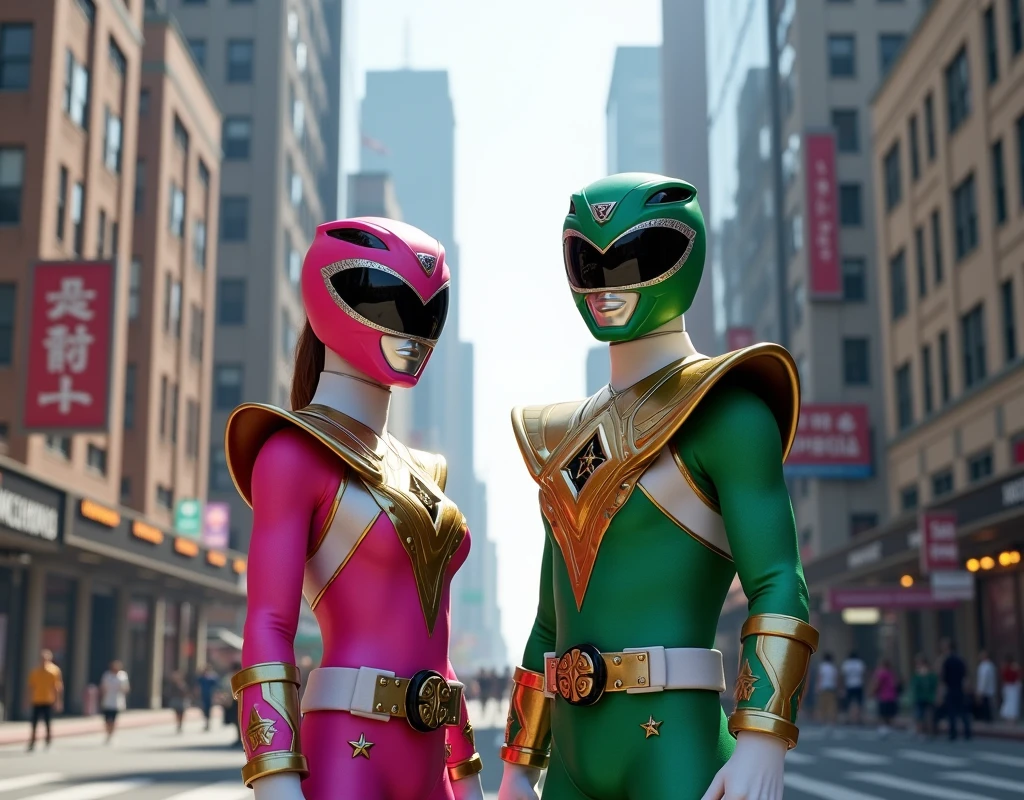 boy wearing the green Mighty Morphin Power Ranger uniform standing next ...