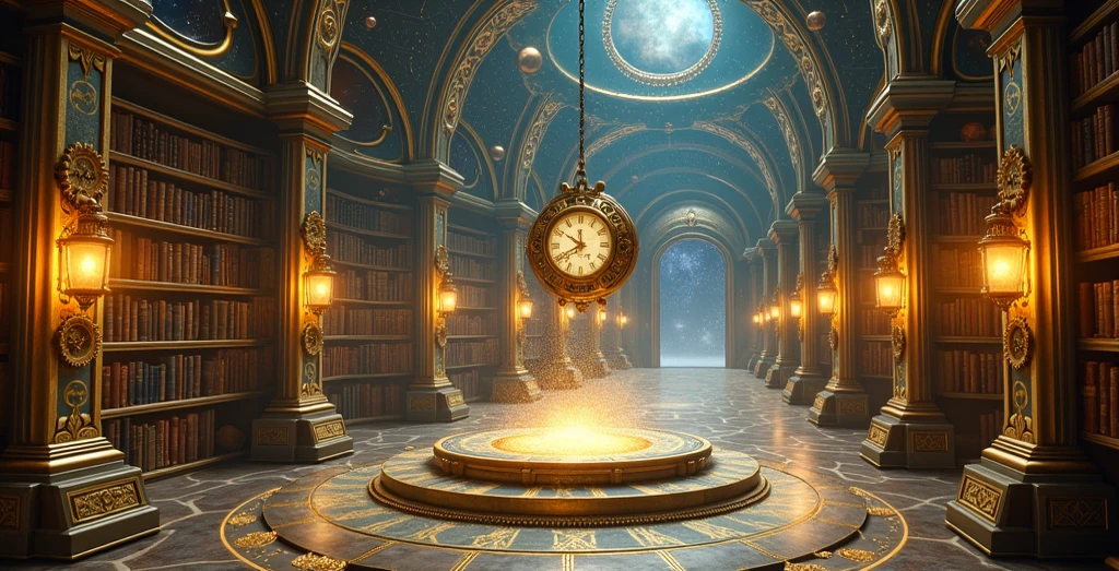 "Create an enchanting scene set in an astral clockwork library - SeaArt AI