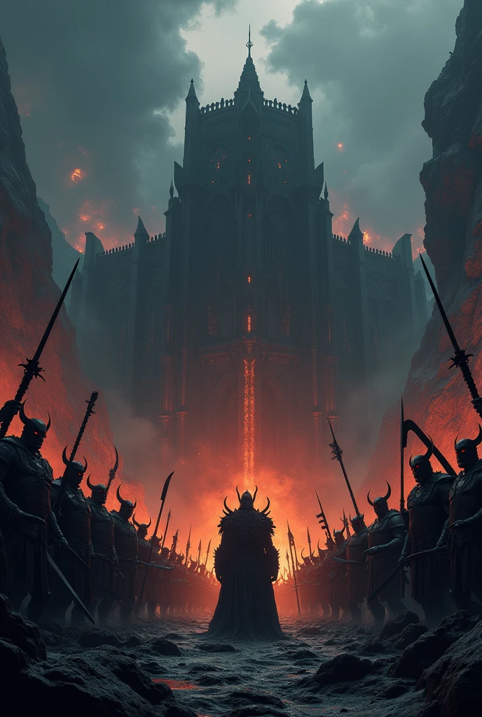A dark and intimidating fortress belonging to Bhandaasura, surrounded ...