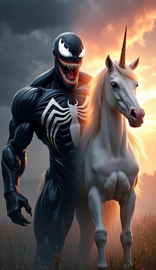 Create an image featuring two separate characters: Venom and a Unicorn ...