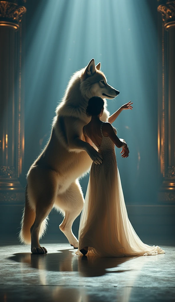 "A stunning woman and an enormous wolf, both equal in size, gracefully ...