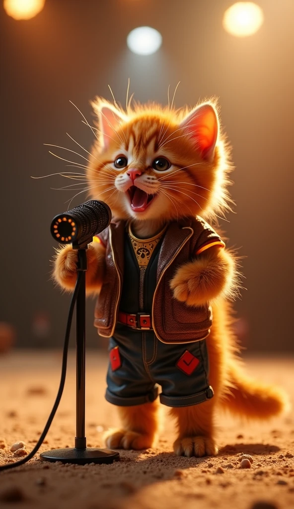 cute orange traman chicken kitten singing with a microphone stand on ...