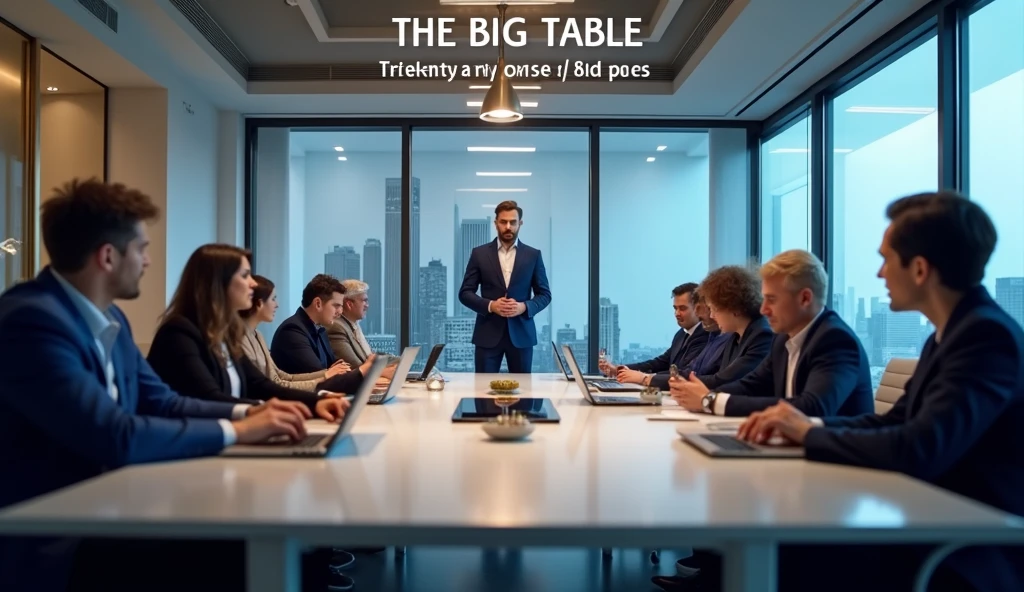 Central Focus: A large, modern conference-style table with a group of ...