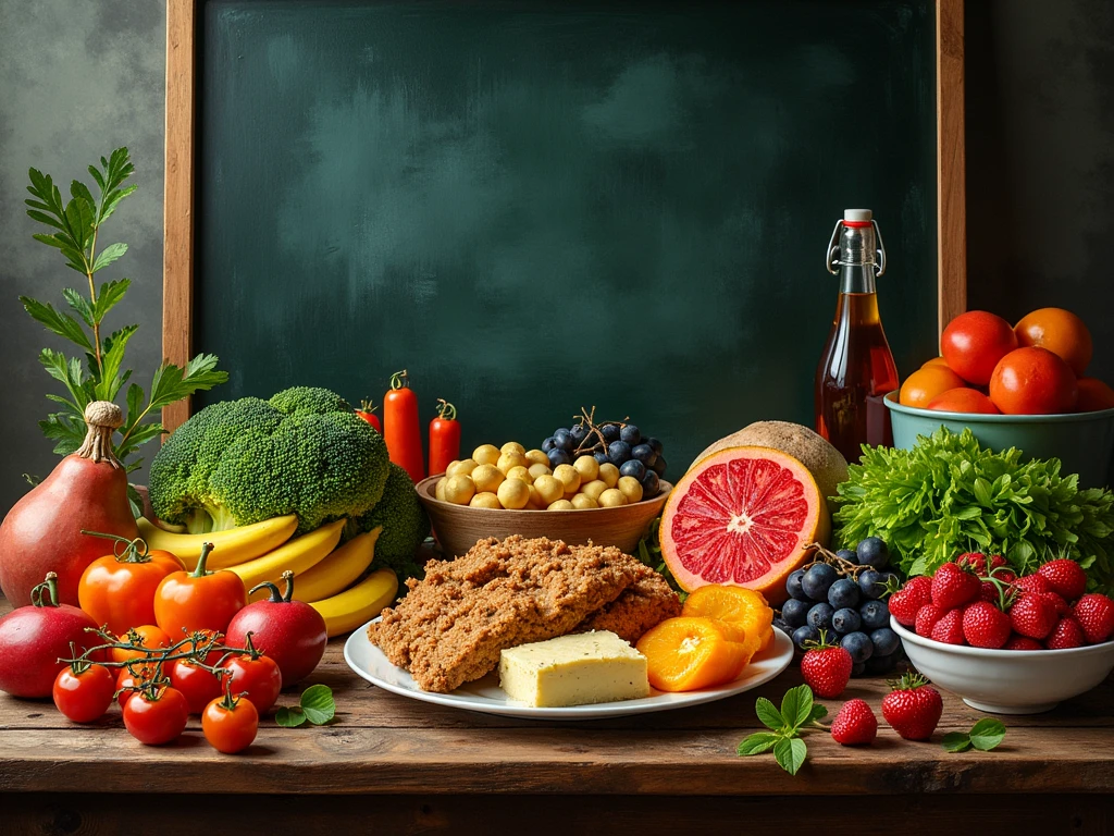 A close up of a table with a variety of food and a chalkboard - SeaArt AI