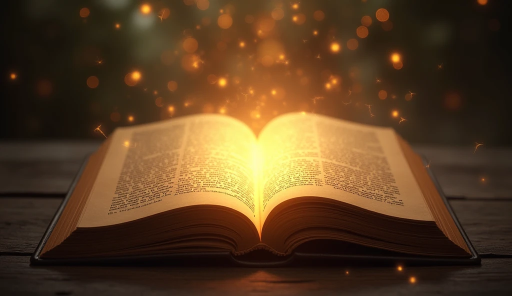 A symbolic image of an open book with golden glowing text, representing ...