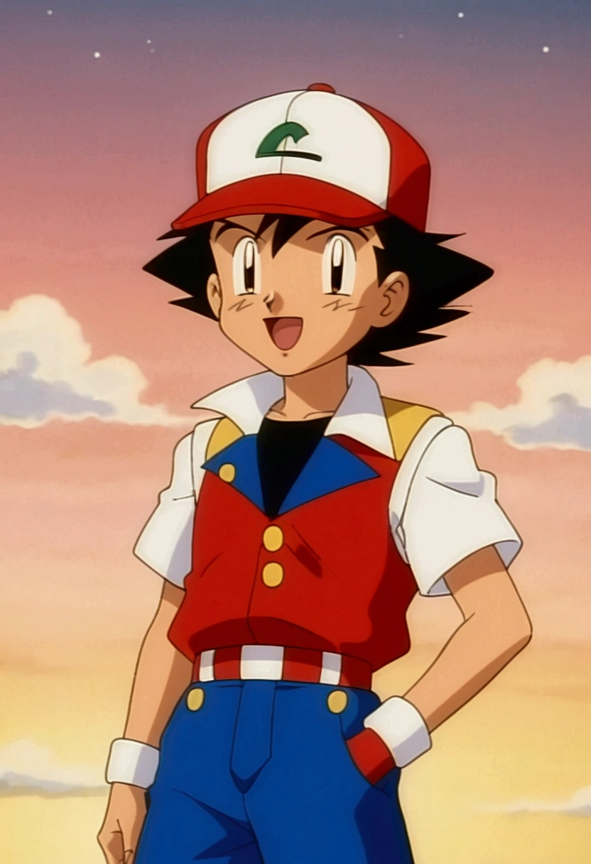 Ash Ketchum thinks try to find answers, Classic red hat, retro anime ...