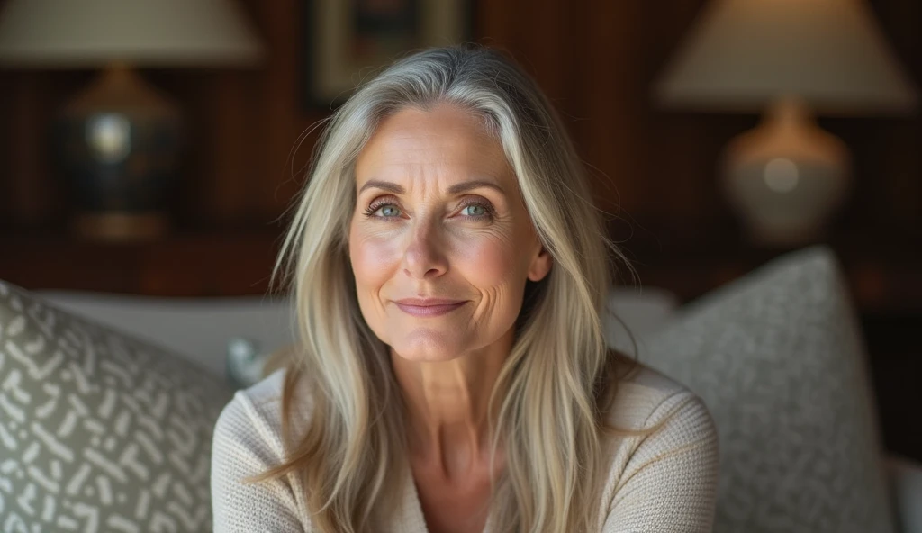 Très belle femme 60 ans, portrait, face caméra, long cheveux lisse ...